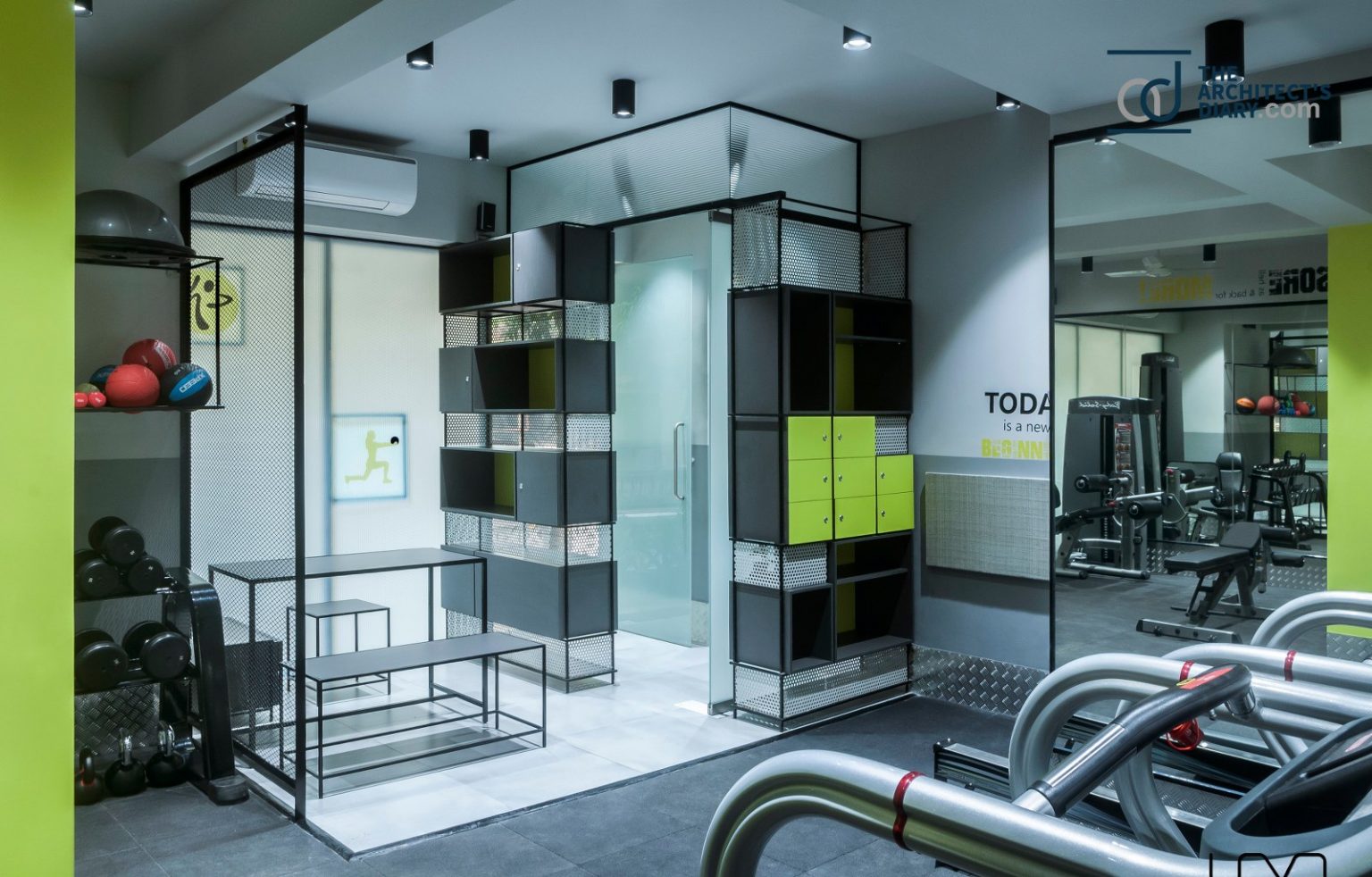 Gym Design With Bright Lime Green Highlighted In Neutral Surrounds ...