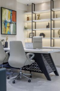 This Neutral White Office Fosters a Clean and Professional Atmosphere ...